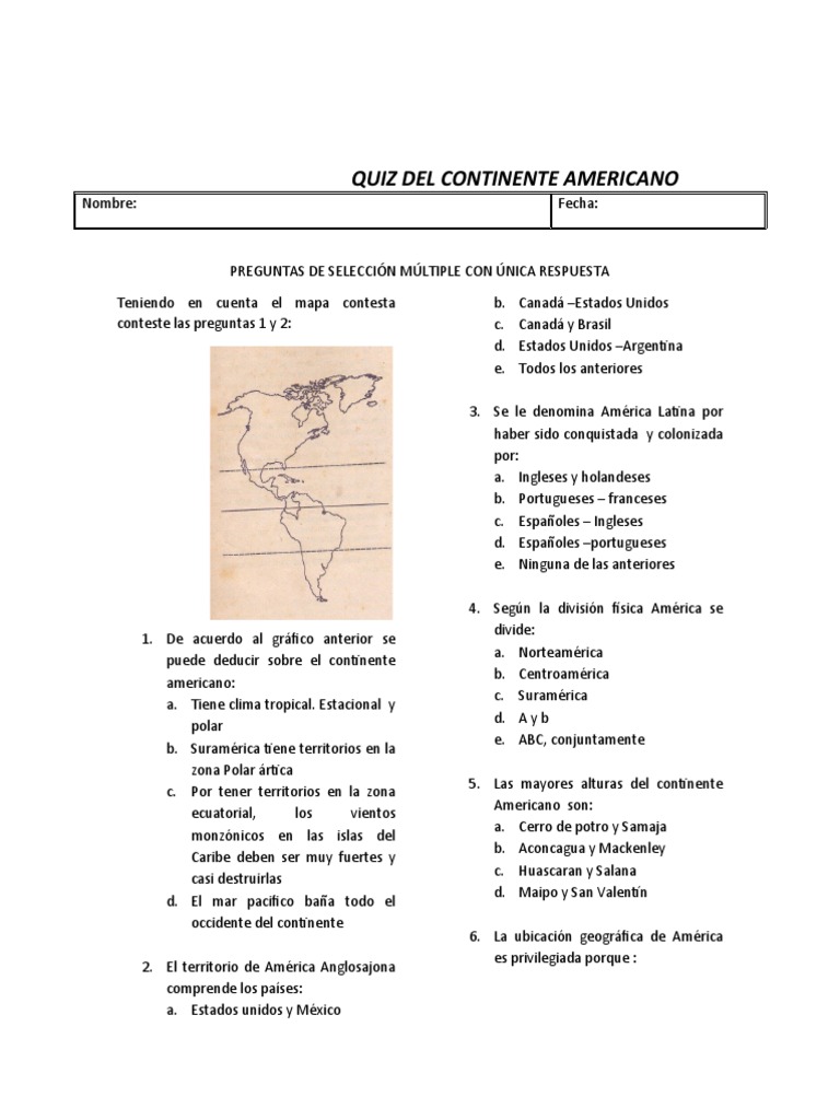 Examen sobre el continente americano: preguntas de selección múltiple y ...