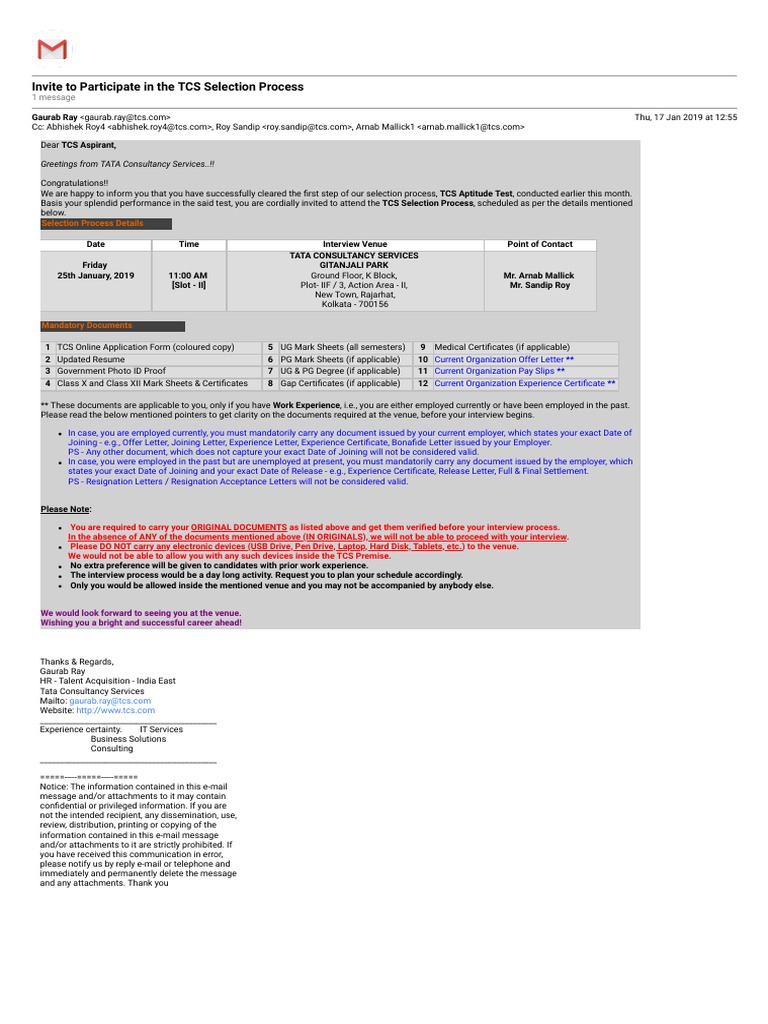 Gmail - Invite To Participate in The TCS Selection Process | PDF | Usb ...