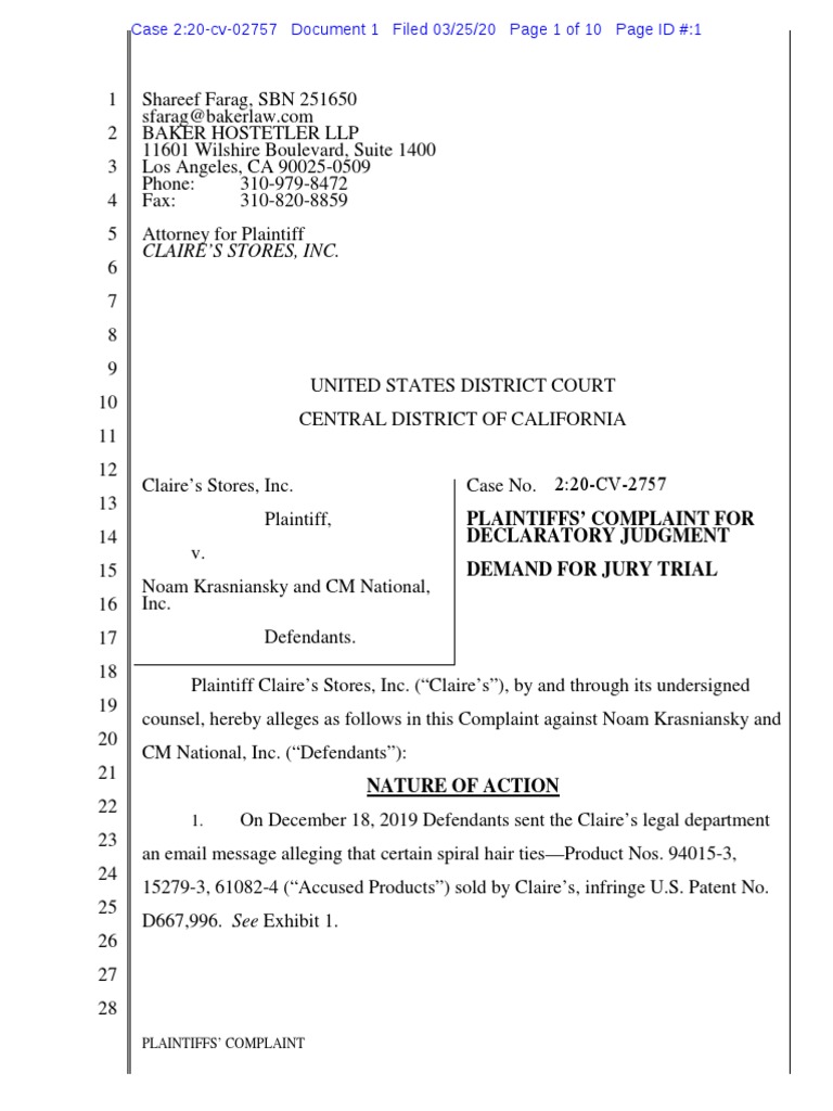Claire's Stores v. Krasniansky - Complaint | PDF | Declaratory Judgment ...
