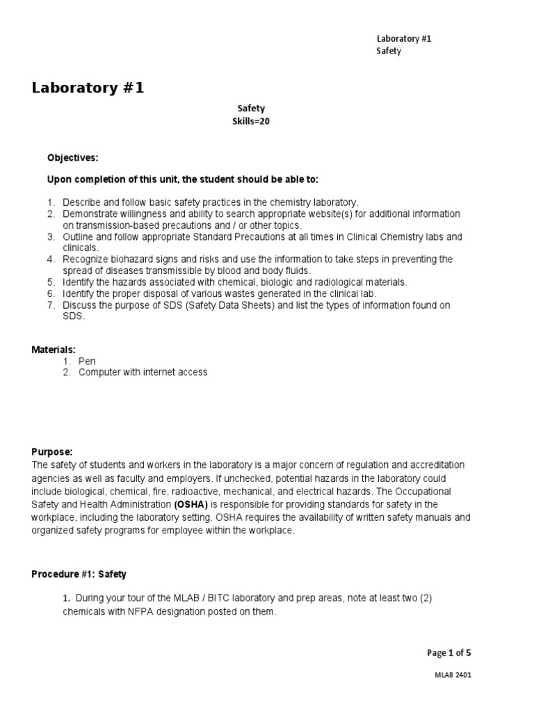 Lab 01 - Laboratory Safety | PDF | Laboratories | Safety