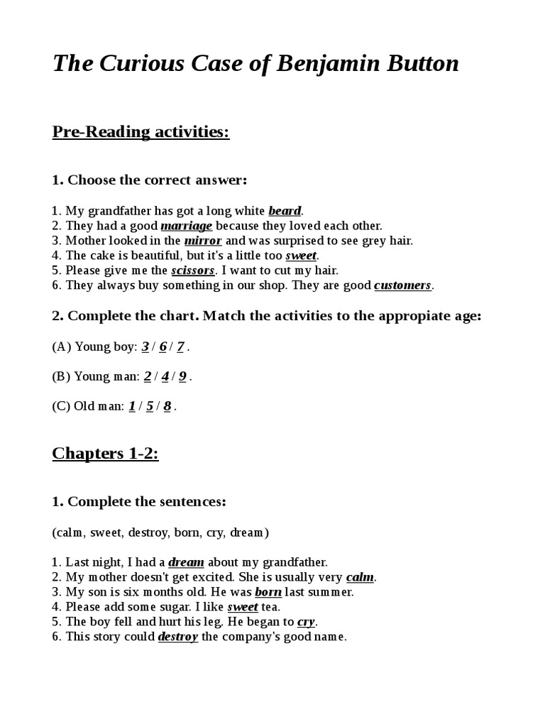Benjamin Button Chapters 1-4 Exercises | PDF