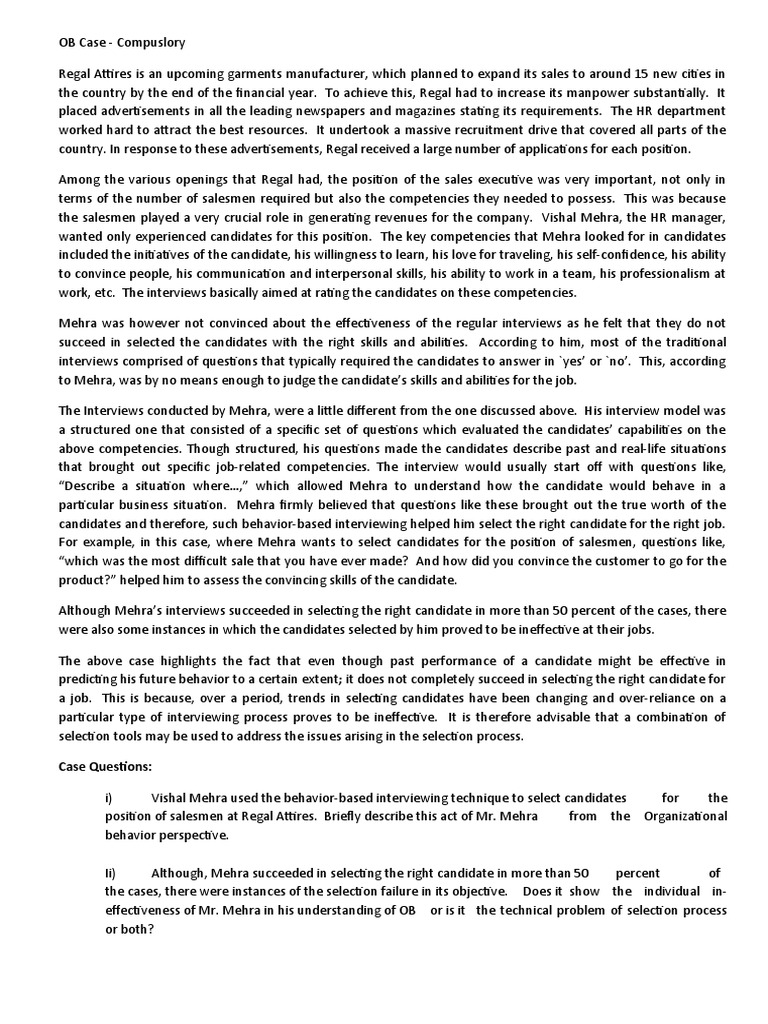 OB Case-Sessional 1 | PDF | Sales | Human Resources