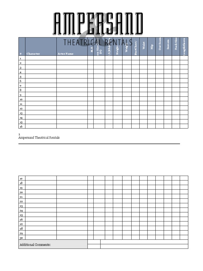 Ampersand Theatrical Rentals Costume Measurement Form | PDF | Seam ...
