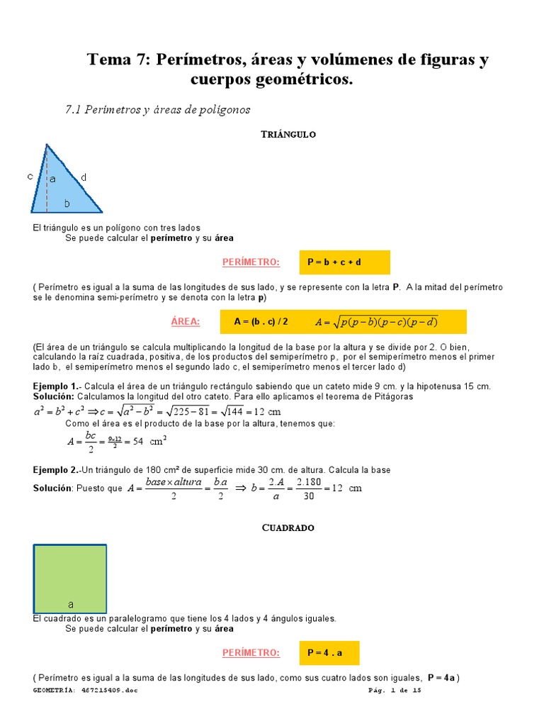 Perímetros y Áreas de Figuras Geométricas | PDF | Triángulo | Geometría ...