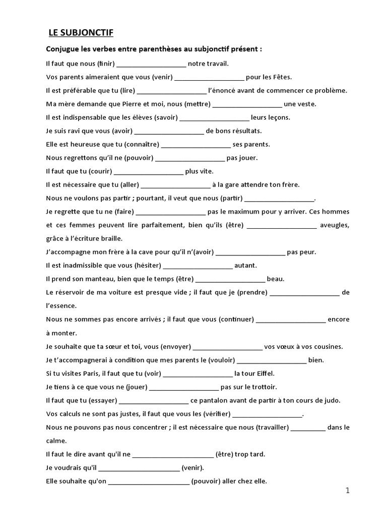 Subjunctive Exercises Pdf | Complétez les phrases suivantes au ...