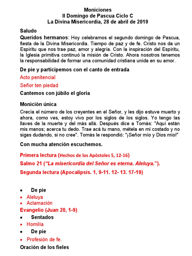 Moniciones II Domingo de Pascua Ciclo C 2019 | PDF | Misa (liturgia) | Pascua de Resurrección