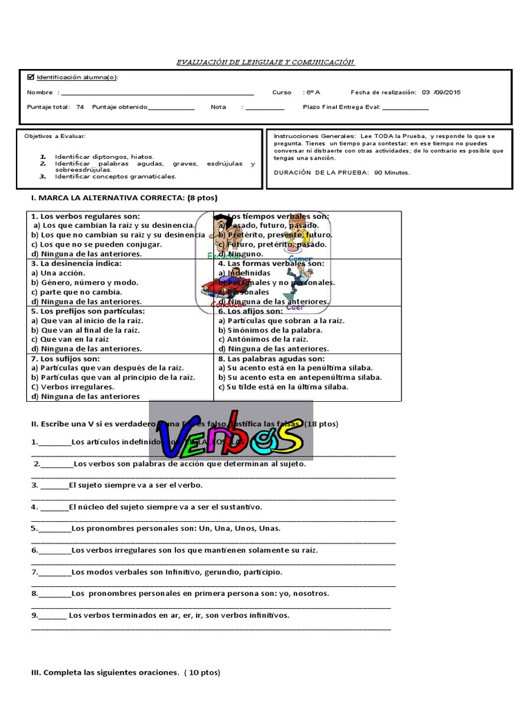 Formato Evaluación Sexto Verbos | PDF | Verbo | Lingüística