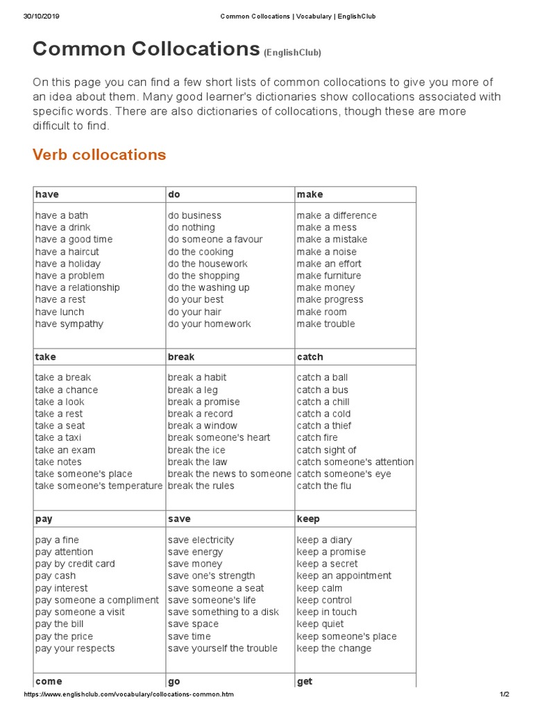 Common Collocations - Vocabulary - EnglishClub PDF | PDF