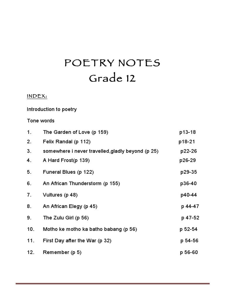 2017 Grade 12 Poetry Notes | PDF | Sonnets | Poetry