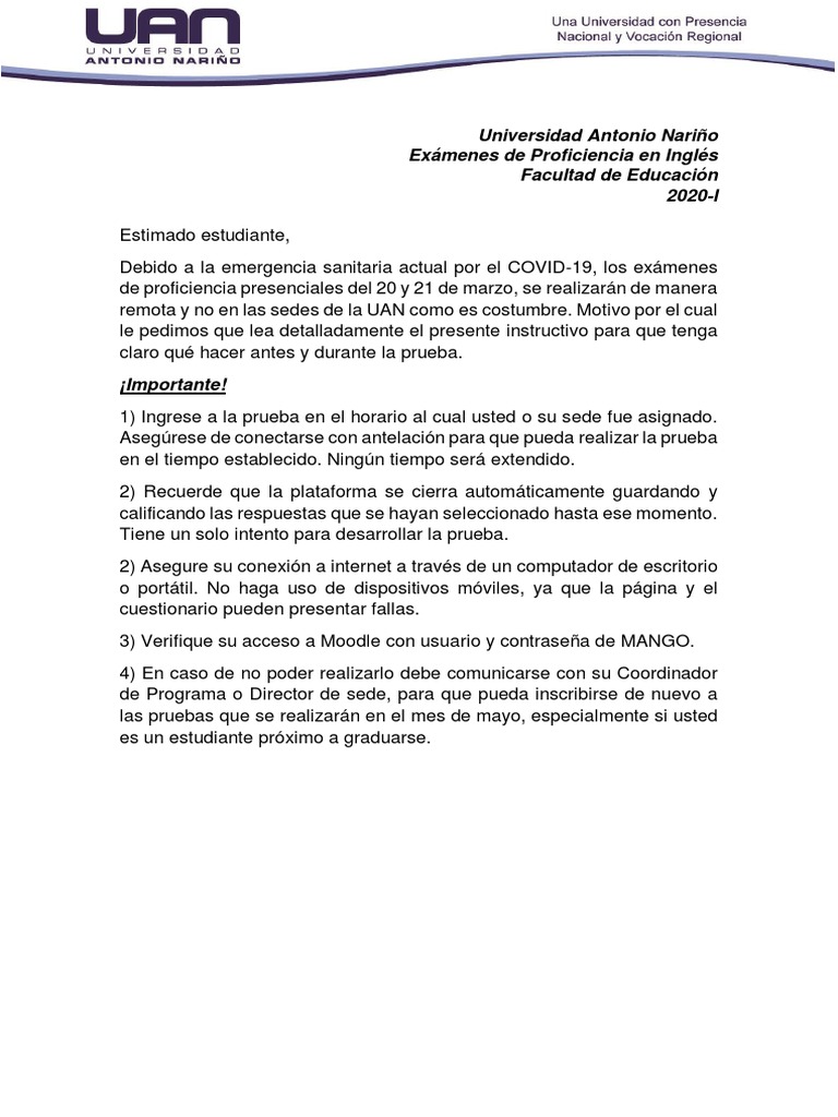 Exámenes Inglés UAN 2020: Instrucciones Remotas | PDF | Contraseña | Moodle