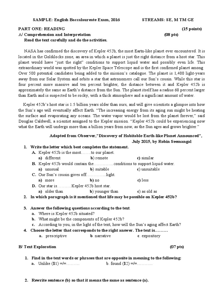 Bac Sample 1 | PDF | Planets | Sun