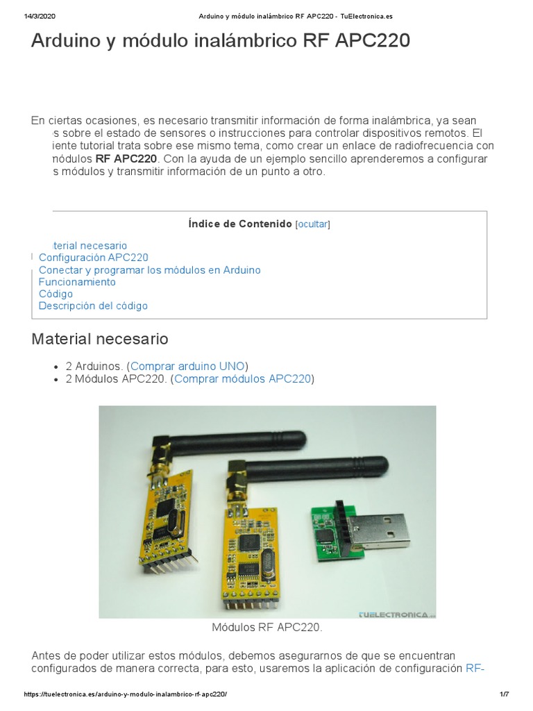Arduino y Módulo Inalámbrico RF APC220 - TuElectronica - Es | PDF | Arduino | Inalámbrico