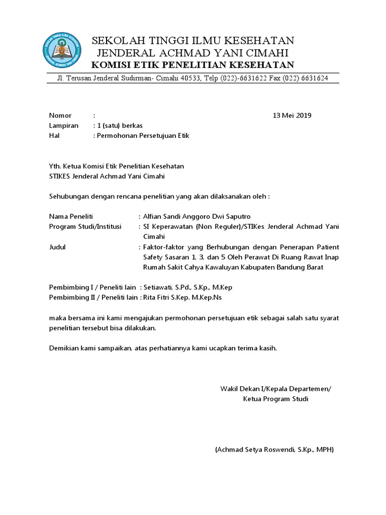 FORM 1 Surat Pengantar Pengajuan Etik | PDF