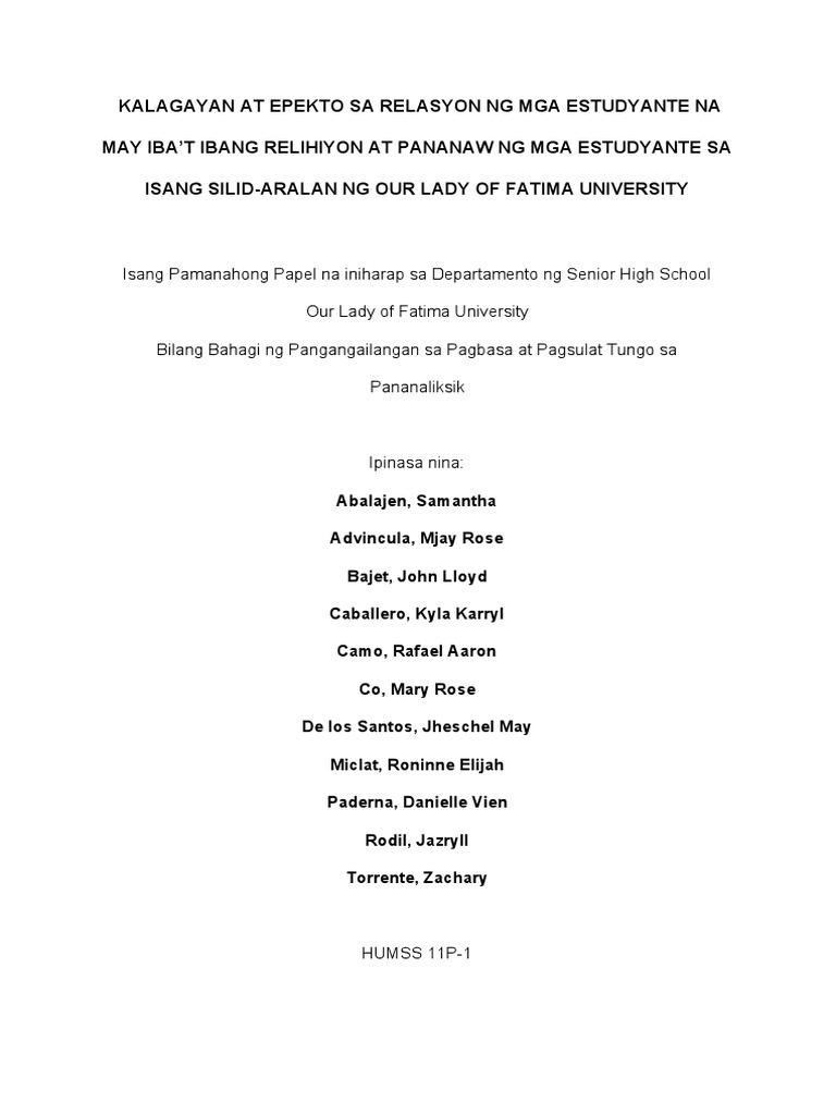 Ang Kalagayan at Epekto NG Iba't Ibang Relihiyon at Pananaw NG Mga Estudyante Sa Isang Silid ...