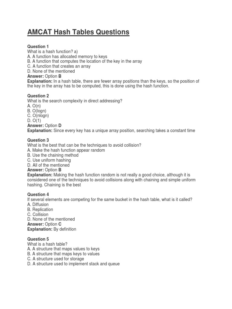 AMCAT Hash Tables Questions | Download Free PDF | Array Data Structure | Data
