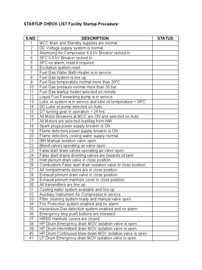 STARTUP CHECK LIST Facility Startup Procedure | PDF | Valve | Power Supply