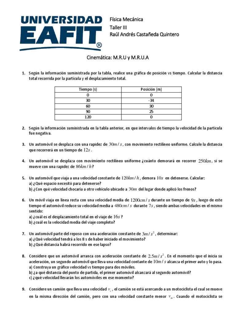 Taller Clase 03 - Cinemática (Mru y Mrua) | PDF | Cinemática | Velocidad