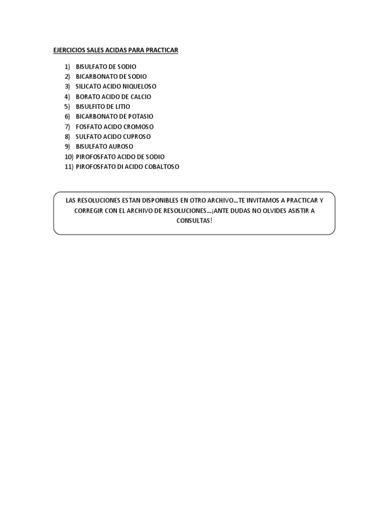 Lista de ejercicios de sales ácidas y básicas comunes para practicar y resolver | PDF