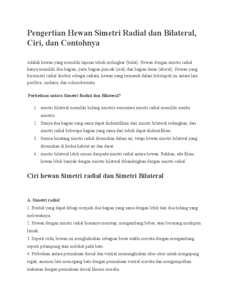 Pengertian Hewan Simetri Radial Dan Bilateral | PDF
