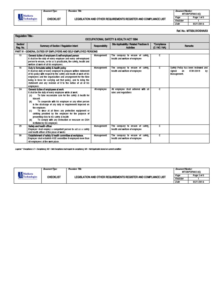 1 Legal Register Compliance - OSHA Mac 2019 | PDF | Occupational Safety ...