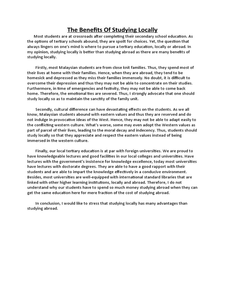 The Benefits of Studying Locally | PDF | International Student | University