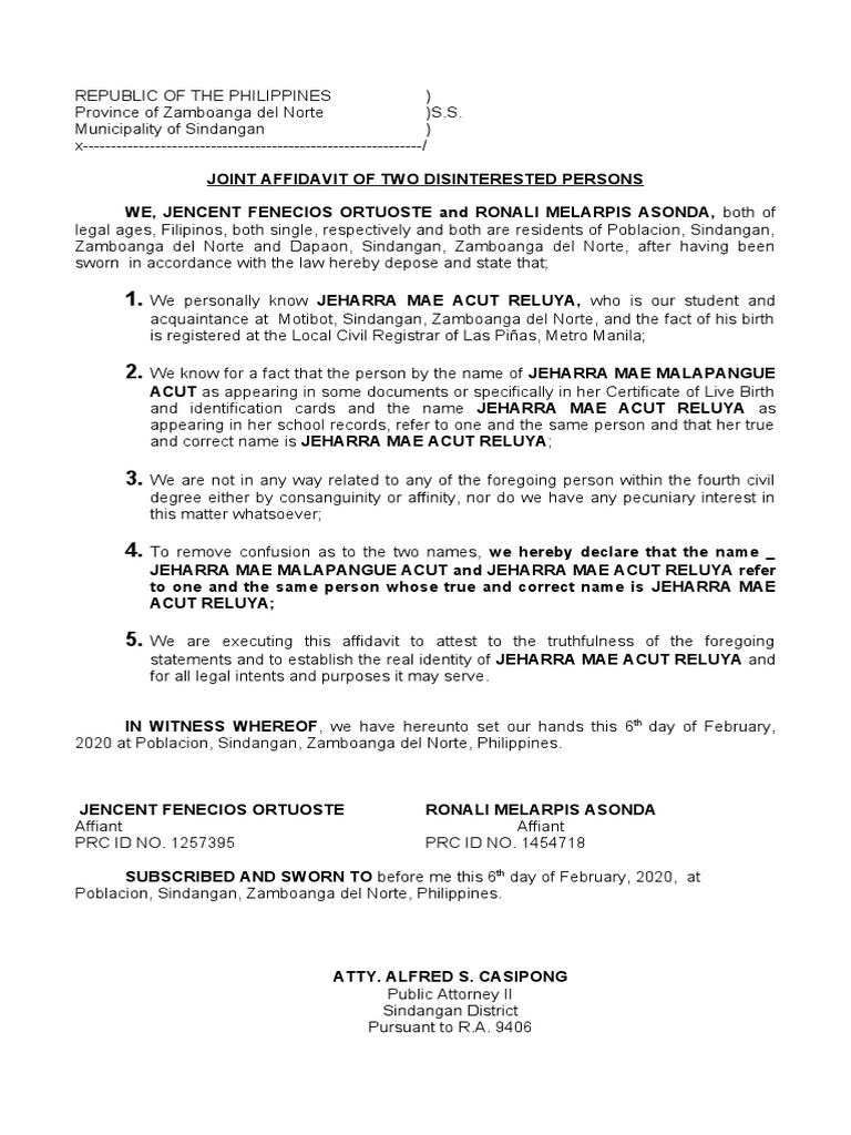 Affidavit of Two Disinterested Person One and The Same Person | PDF ...