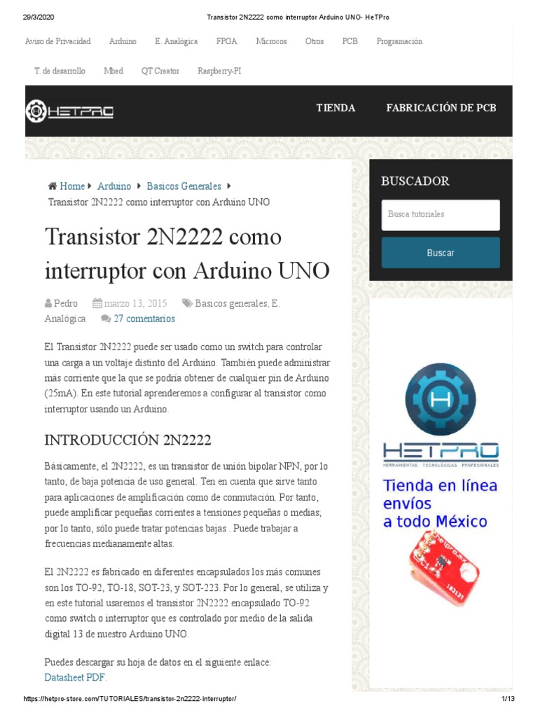 Transistor 2N2222 Como Interruptor Arduino UNO - HeTPro | PDF ...