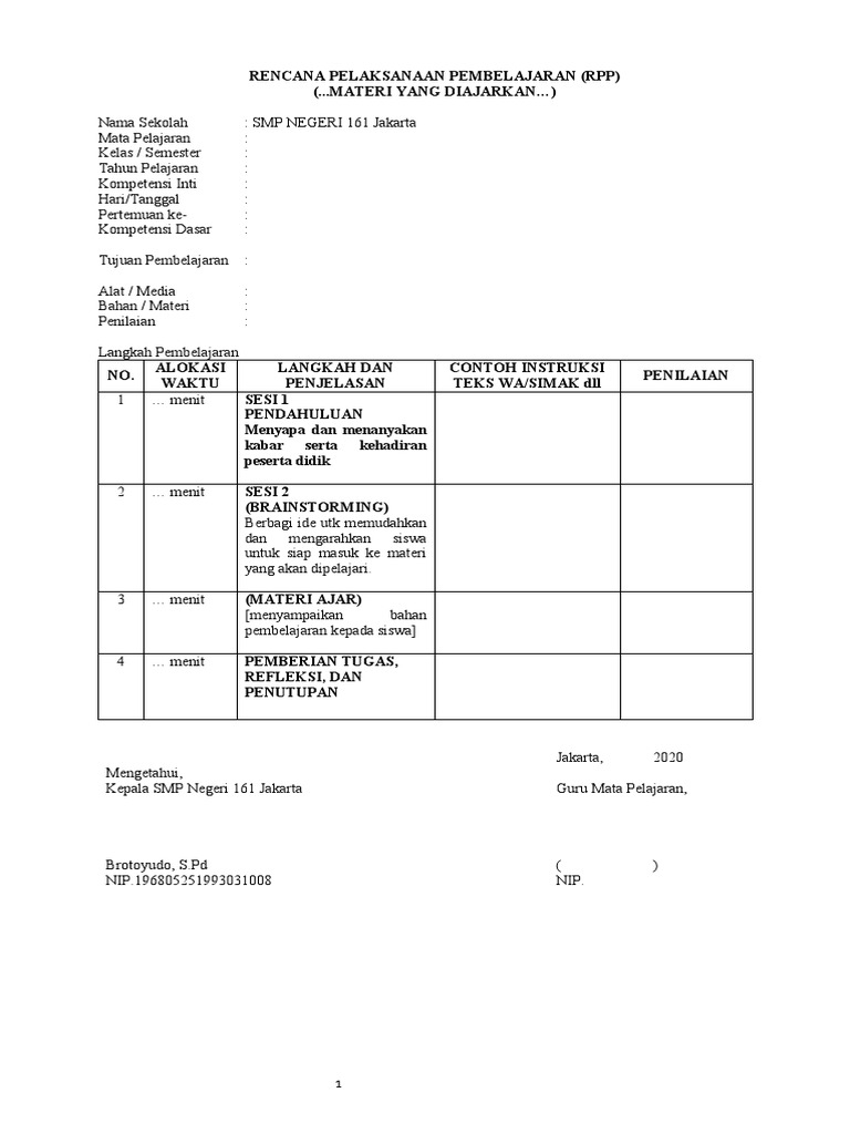 Contoh Format RPP Home Learning 161 | PDF