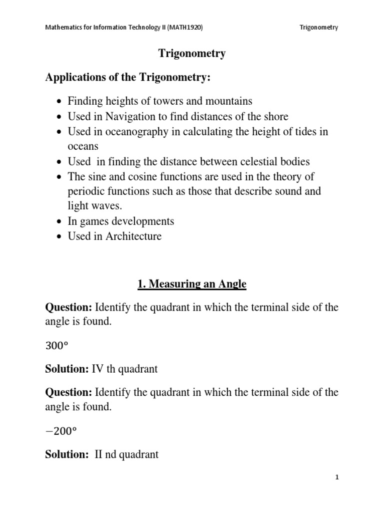 MATH1920 Trigonometry | PDF | Trigonometry | Minute And Second Of Arc