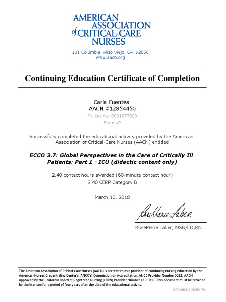 ECCO Critical Care Completion Certificate | PDF | Science & Mathematics