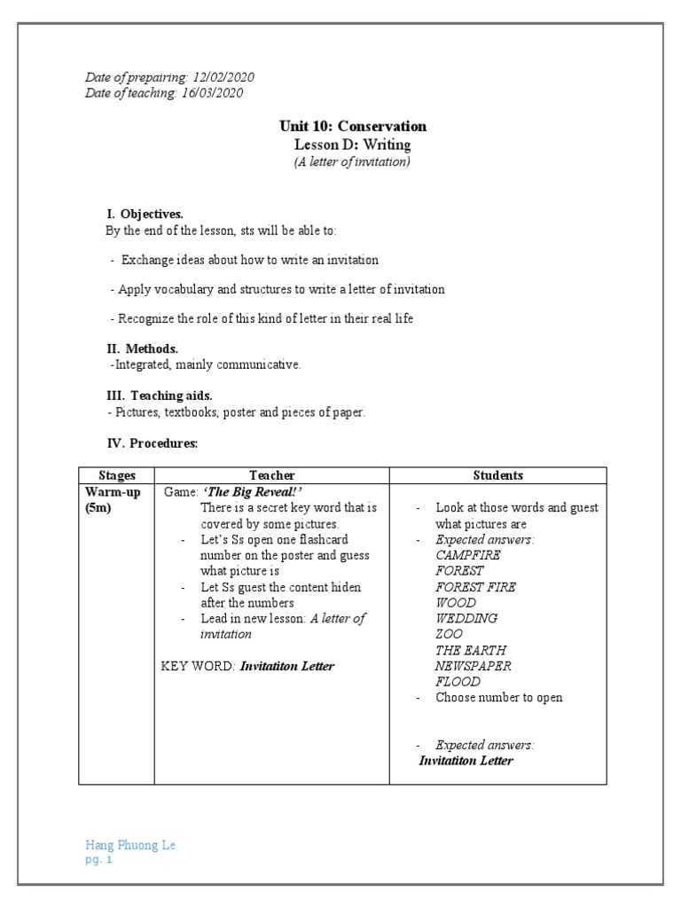 Writing an Invitation Letter - Unit 10 | PDF | Lesson Plan | Cognition