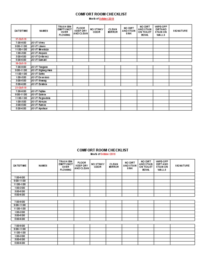 Comfort Room Checklist Virrey | PDF
