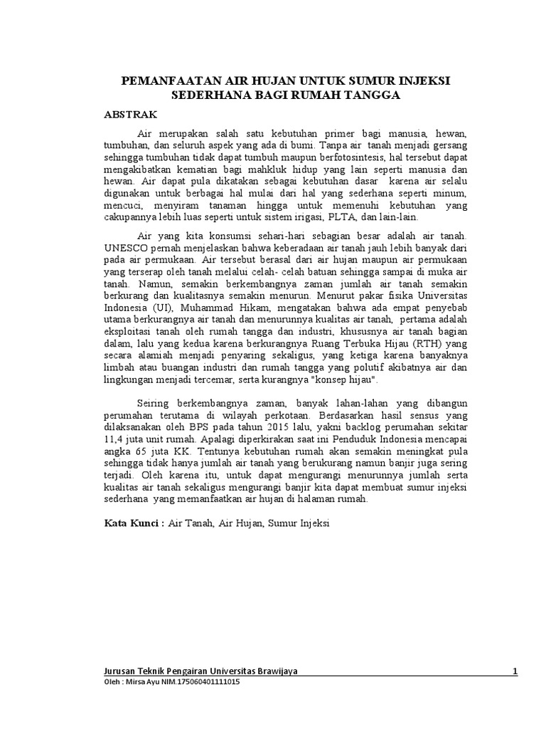 Sumur Injeksi Air Hujan Rumah Tangga | PDF