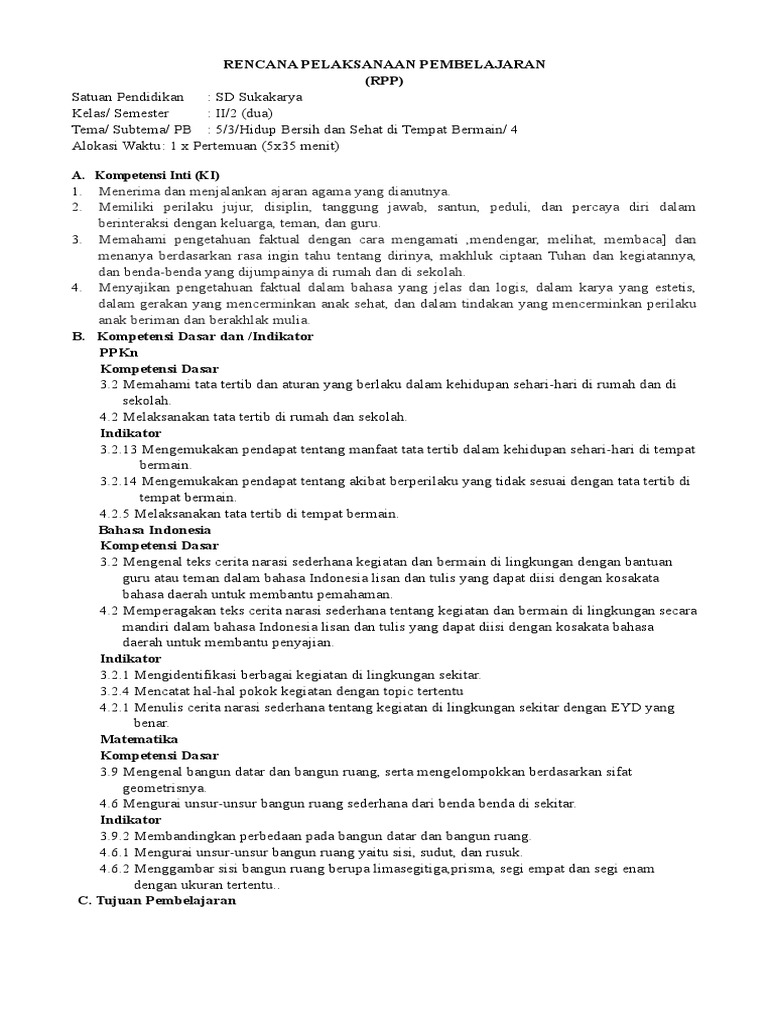Contoh RPP Tematik Kls 2 Semester 2 | PDF