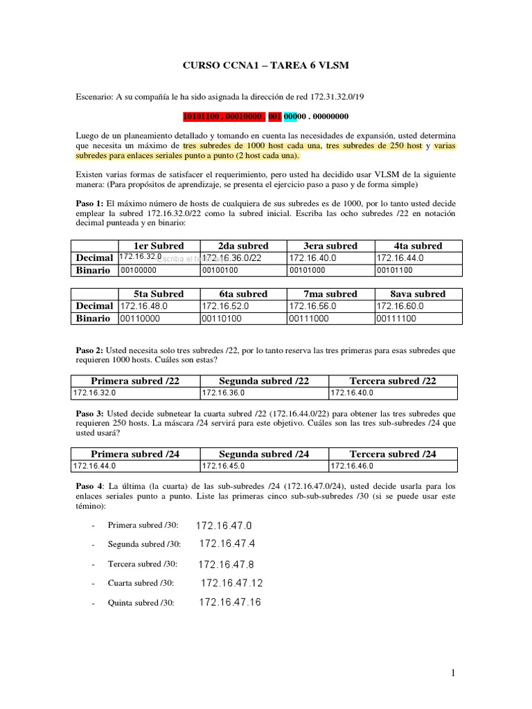Direccionamiento IP - TAREA 6 - VLSM-1 | PDF | Transmisión de datos | Red de computadoras