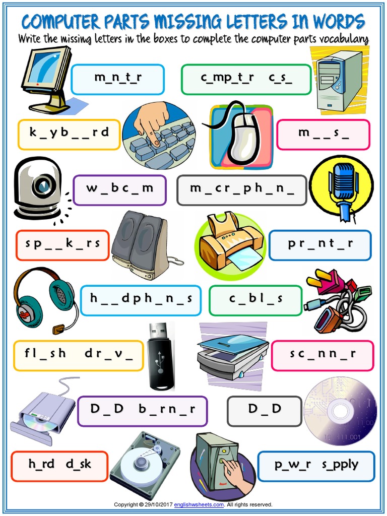 Computer Parts Vocabulary Esl Missing Letters in Words Worksheet For ...