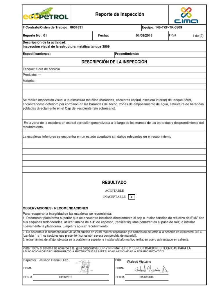 18 Reporte de Inspección Visual TK 3509 No 1 PDF | PDF | Revestimiento ...