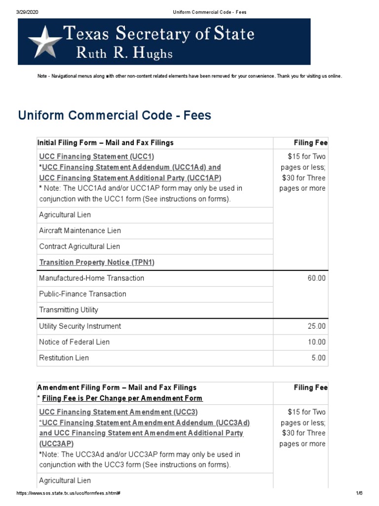 TEXAS Uniform Commercial Code - FILING FEES | PDF | Uniform Commercial ...