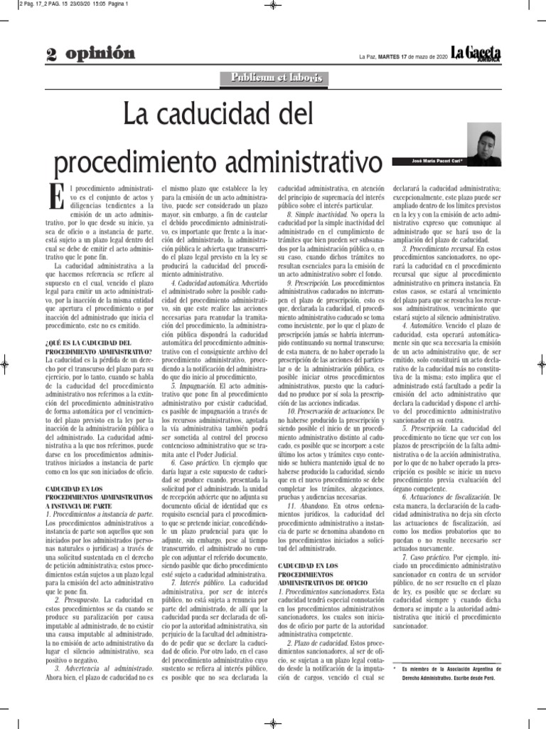 Caducidad en El Procedimiento Administrativo - Autor José María Pacori Cari | PDF | Esfera ...
