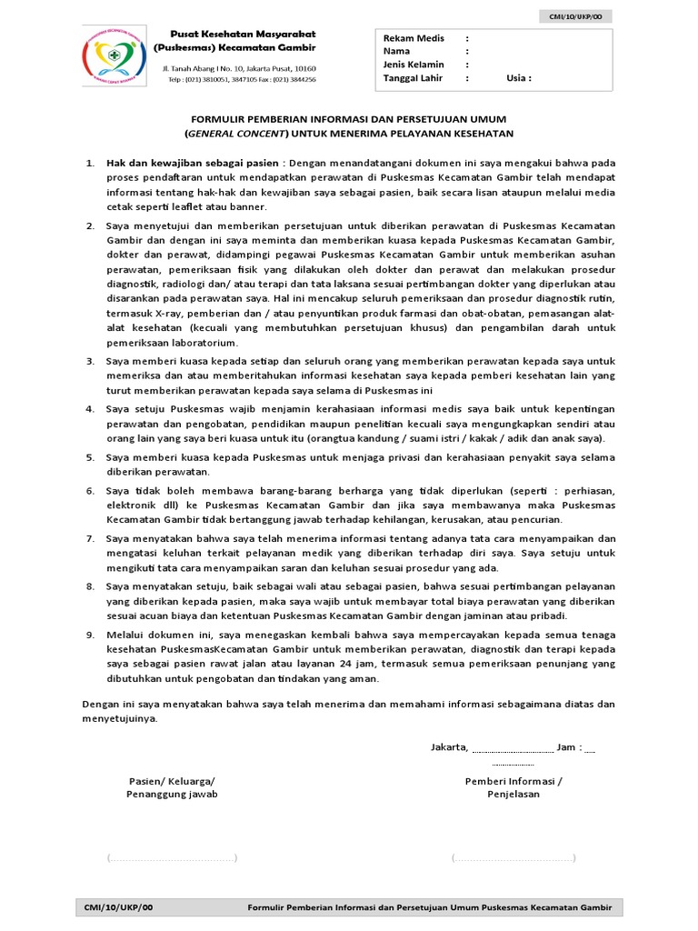 Formulir Pemberian Informasi Dan Persetujuan Umum (General Consent) | PDF