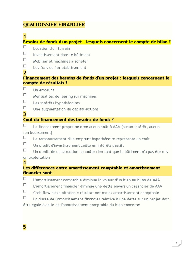 QCM sur l'analyse financière et projets | PDF | Amortissement (finance ...