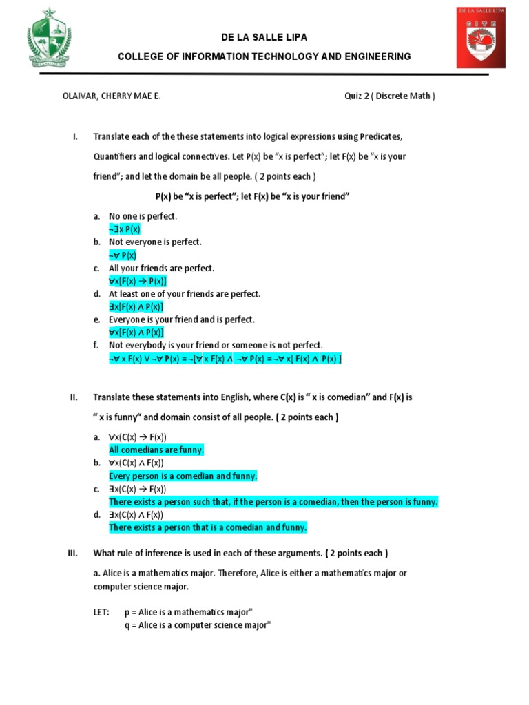 Quiz2 Answers | PDF | Argument | Logical Consequence