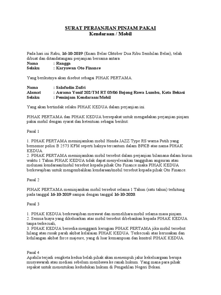 Surat Perjanjian Pinjam Pakai | PDF | Bisnis | Pengelolaan Keuangan & Uang