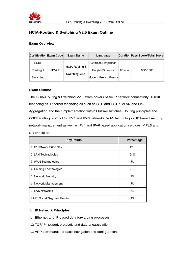 HCIA-Routing & Switching V2.5 Exam Outline PDF | PDF | Network Switch | I Pv6