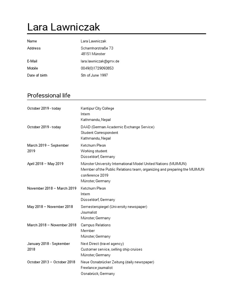 Englisch CV Lara Lawniczak | PDF | Learning | Newspaper And Magazine