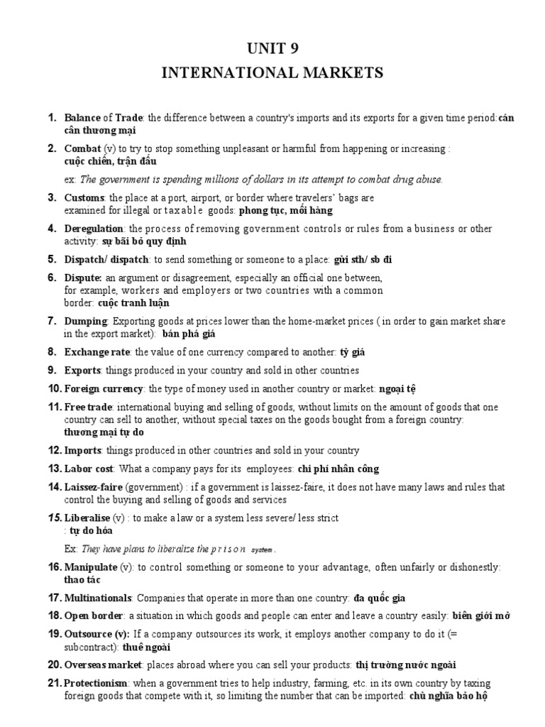 uNIT 9 VOCABULARY | PDF | Exports | Trade