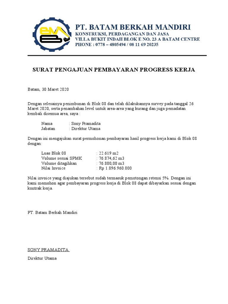 Surat Pengajuan Pembayaran Progress Kerja | PDF