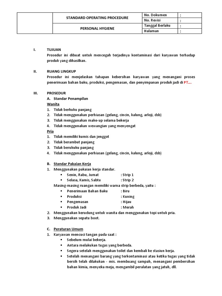 SOP Personal Hygiene Karyawan | PDF