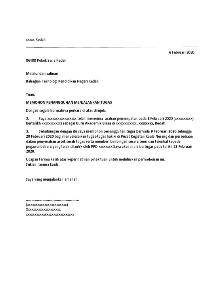 Contoh SURAT PENANGGUHAN TUGAS Cikgu | PDF