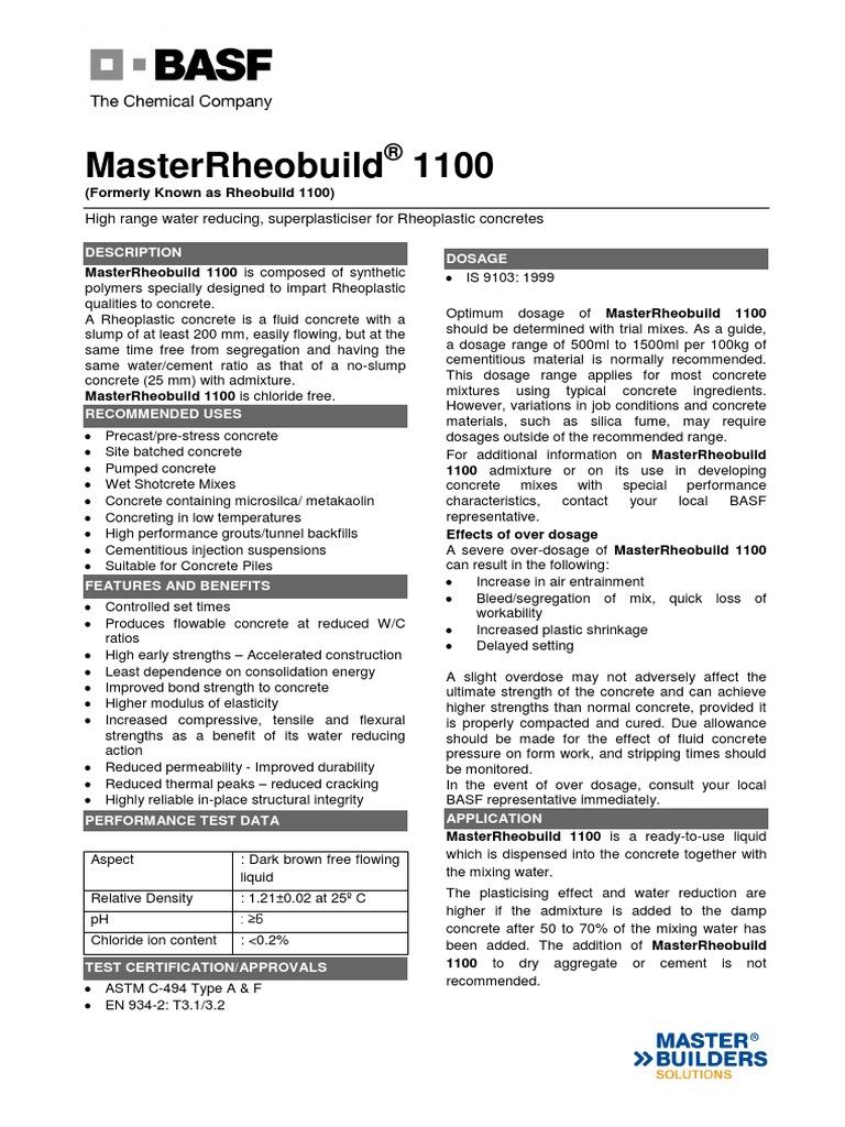 TDS - MasterRheobuilld 1100 | PDF | Concrete | Civil Engineering
